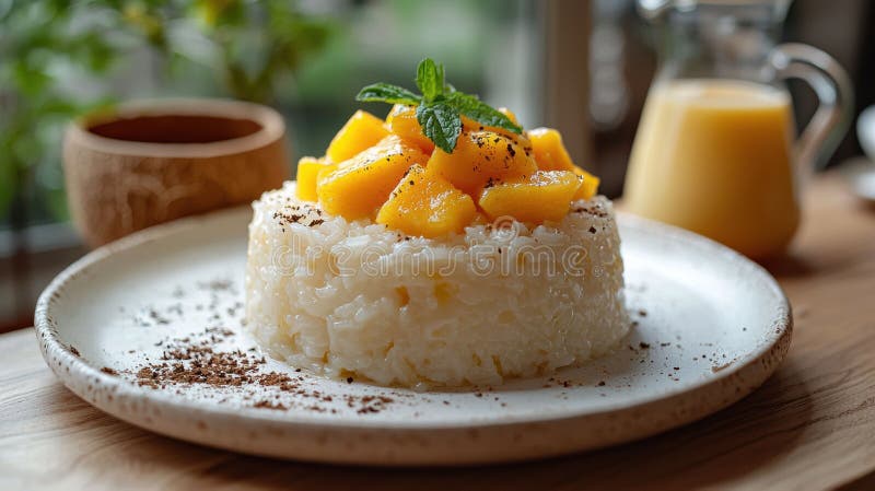 Mango Sticky Rice Served on White Ceramic Plate with Modern, Natural ...