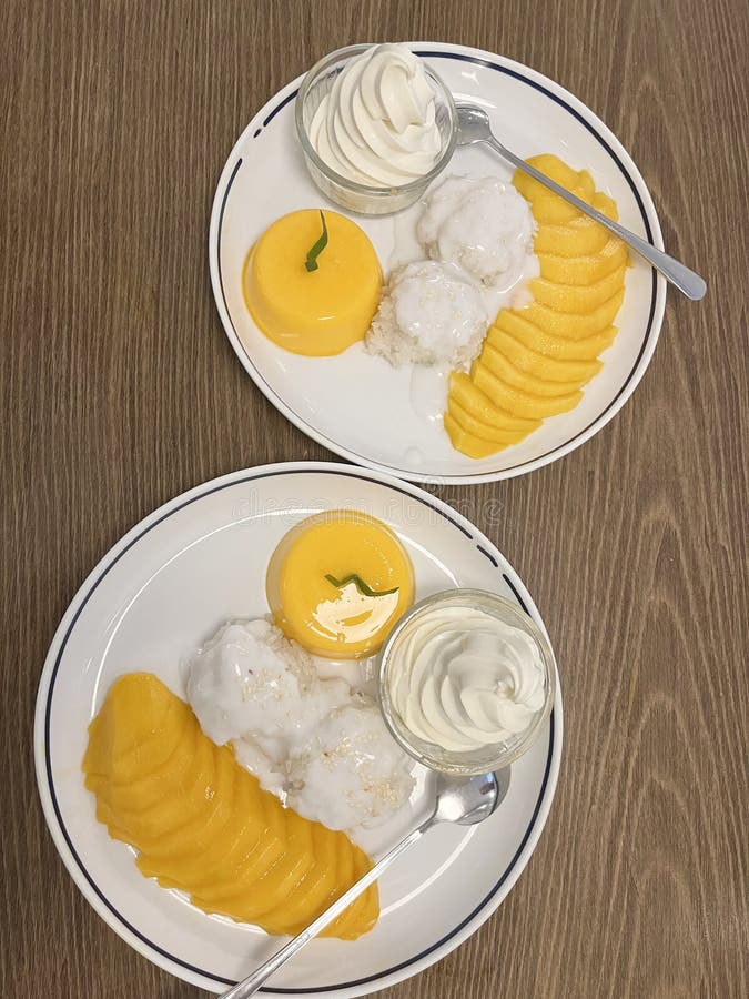 Mango Sticky Rice Served with Yogurt and Pudding Stock Image - Image of ...