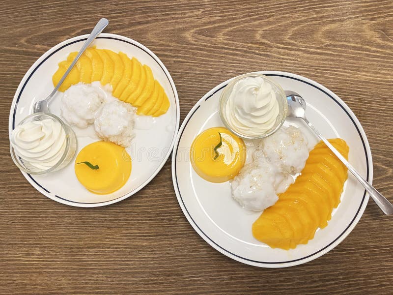 Mango Sticky Rice Served with Yogurt and Pudding Stock Image - Image of ...