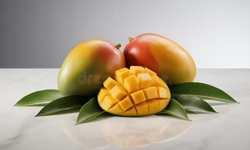 Mango Still Life Featuring Two Whole Mangoes and Diced Portion ...
