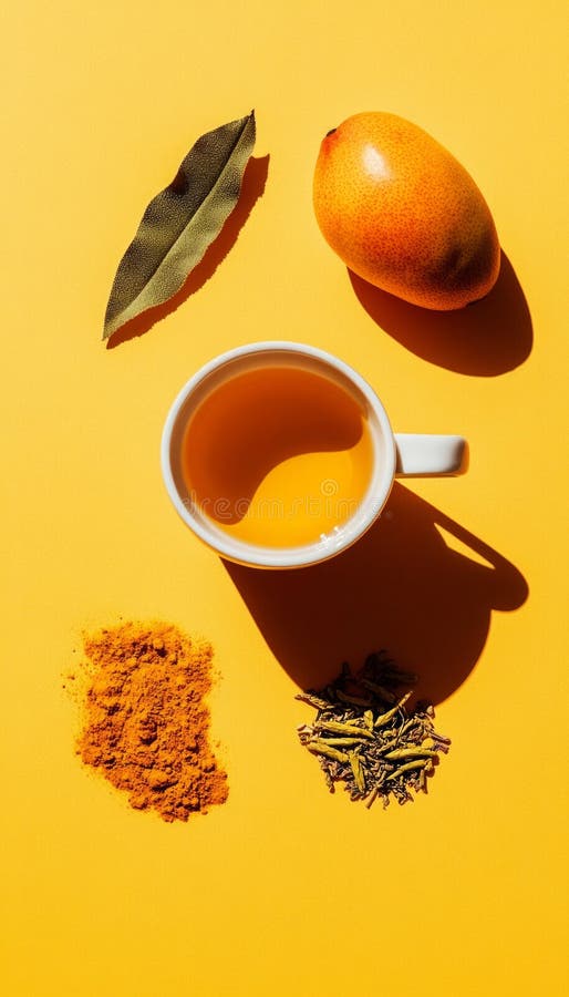 Mango Tea Composition with Turmeric and Spices on Vibrant Yellow ...