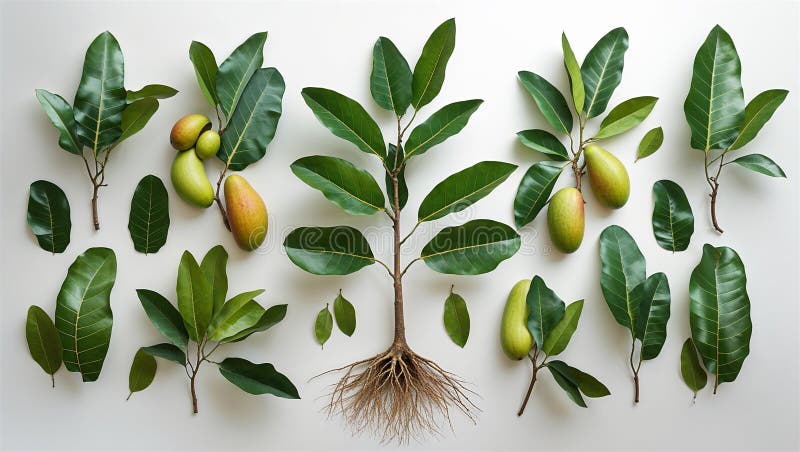 Mango Tree Sapling with Wide Green Leaves and Fine Root Base Arranged ...