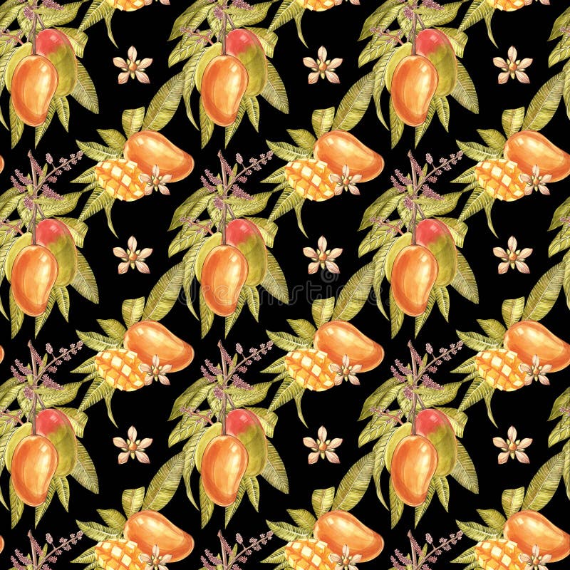 Mango Tree Vintage Seamless Pattern. Mango Fruit Watercolor Botanical ...