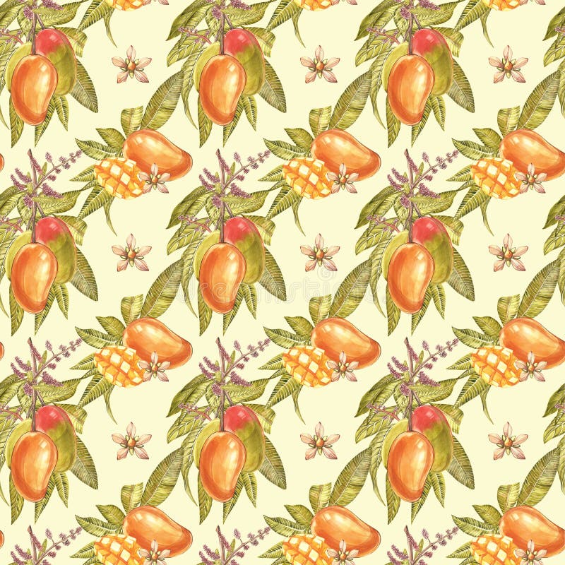 Mango Tree Vintage Seamless Pattern. Mango Fruit Watercolor Botanical ...