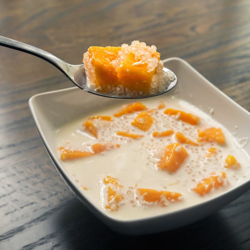 Mango-und Tapioka-Pudding in Der Kokosmilch Stockbild - Bild von milch ...