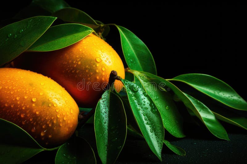 Mango with Water Drops and Leaves Stock Illustration - Illustration of ...