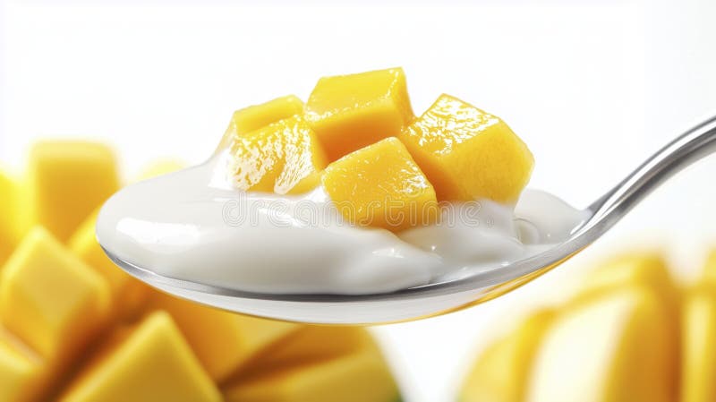Mango Yogurt with Fresh Fruit Cubes on Spoon in Close-up Stock Photo ...
