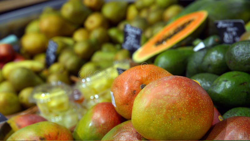 Mangoes Display on Grocery with Selective Focus. Stock Image - Image of ...