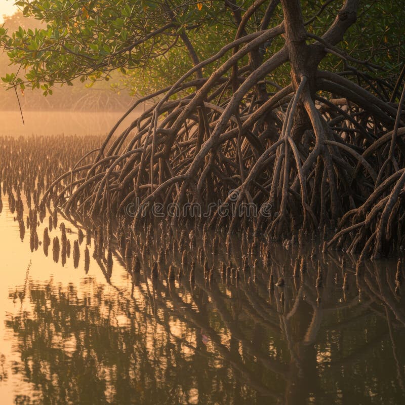 Mangrove Tree Roots at Sunrise Stock Illustration - Illustration of ...