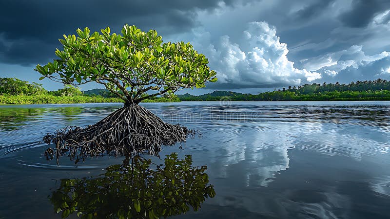 Mangrove Tree Thriving in Coastal Waters Under Stormy Clouds ...