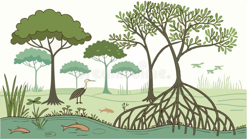 Mangrove Trees, Coastal Ecosystem and Unique Root System Vector Design ...