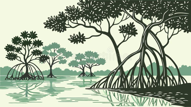 Mangrove Trees in Water, Unique Coastal Ecosystem Vector Design ...