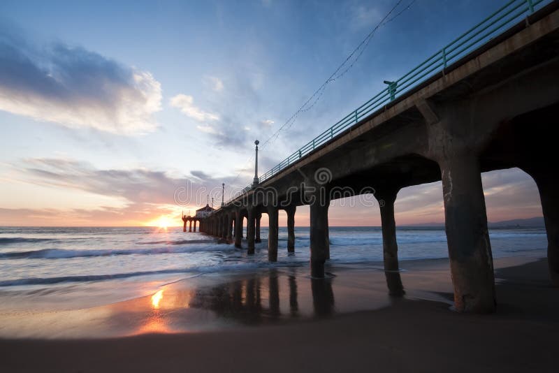 Manhattan Beach Pier Sunset Wide Angle Stock Image - Image of shoreline ...