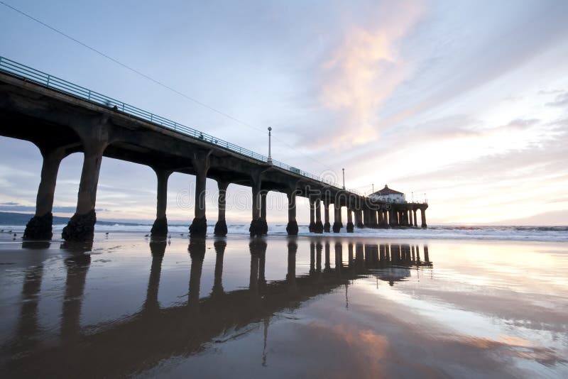 Manhattan Beach Pier Sunset Wide Angle Stock Photo - Image of waves ...
