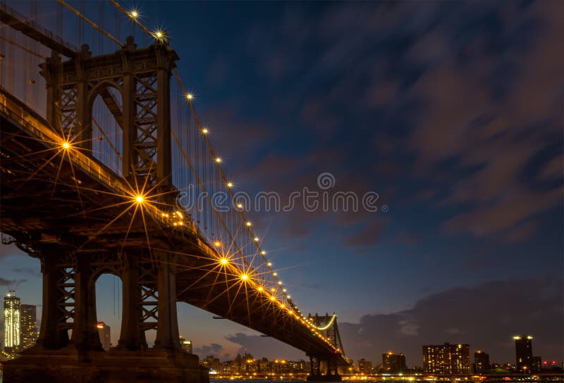 Manhattan Bridge at Blue Hour Stock Image - Image of tourism, lights ...