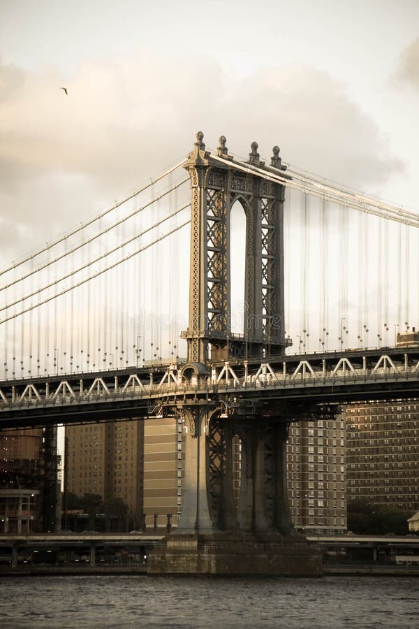 Manhattan Bridge and the River in Old Vintage Style Stock Photo - Image ...