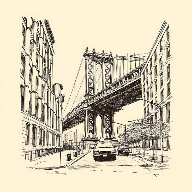 Manhattan Bridge Sketch, City Street View. (1 Stock Illustration ...