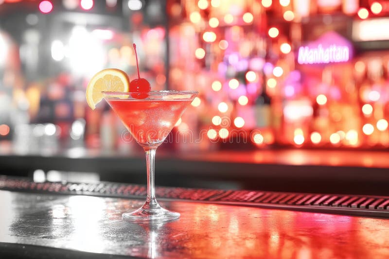 Manhattan Cocktail, Classic Style, Topped with a Cherry on a Dark ...