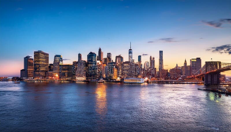 Manhattan Skyline at Dusk Over the River, New York City Stock ...