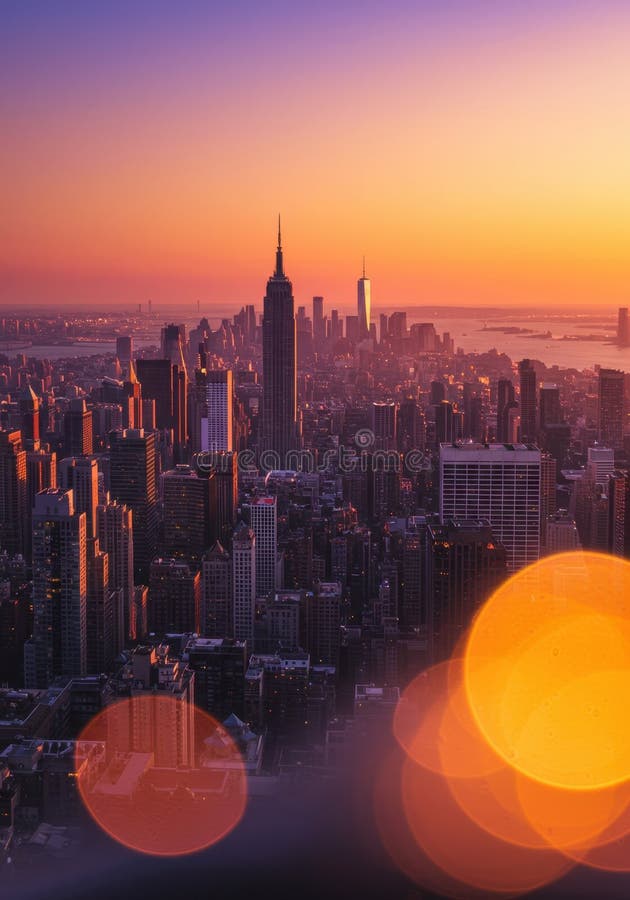 Manhattan Skyline at Sunset with Warm Colors Stock Illustration ...