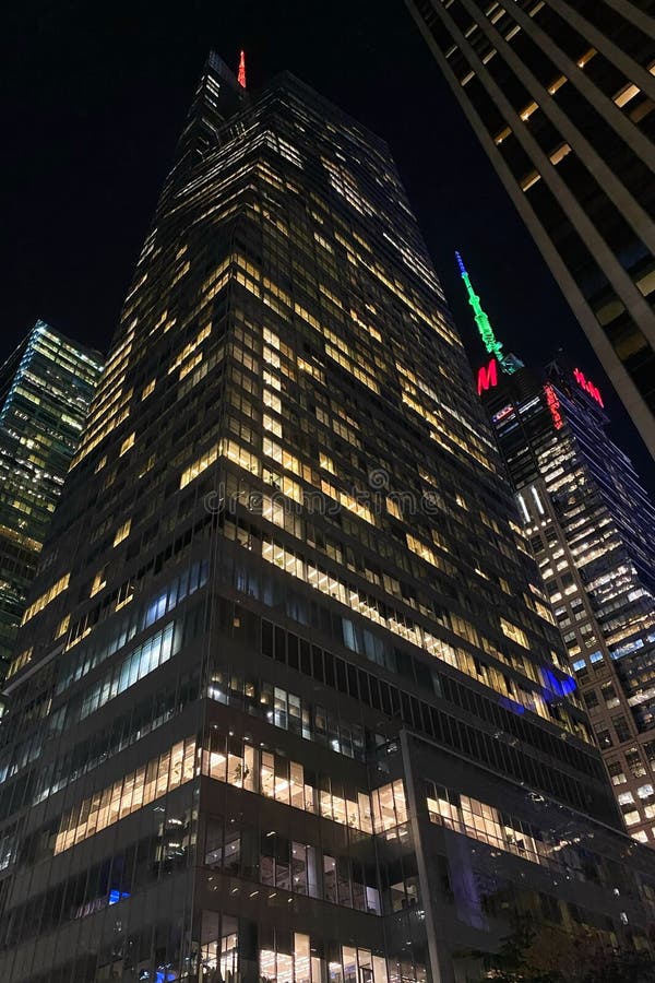 Manhattan Skyscrapers at Night. Editorial Stock Photo - Image of office ...