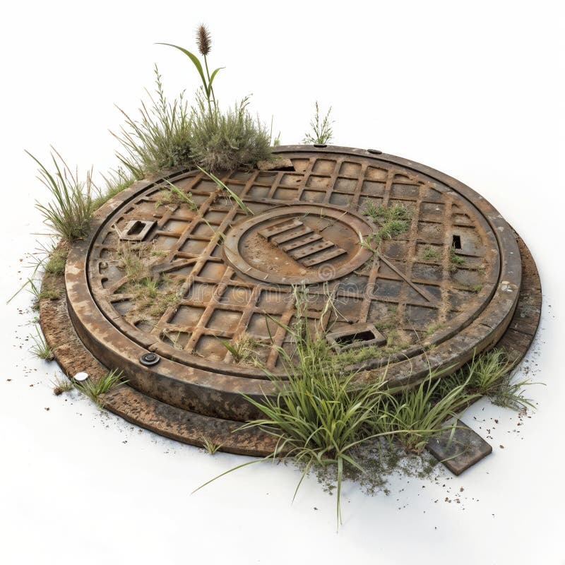 Manhole Cover with Grid Pattern Surrounded by Overgrown Vegetation ...
