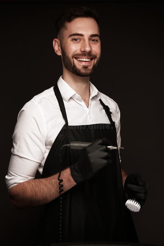 Manicur Master Man in Working Form with Tools in Hand. Nail Photo ...