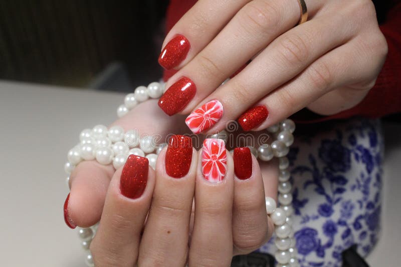 Manicure Design Red Flowers Nails Stock Image - Image of style, care ...