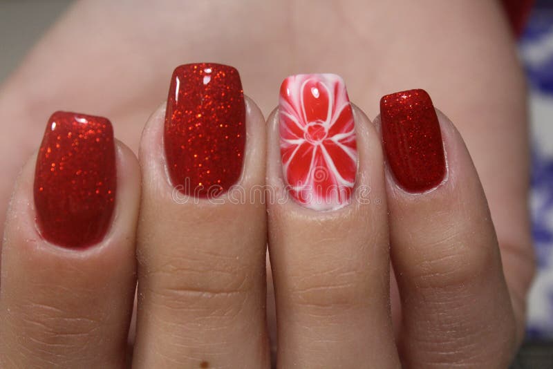 Manicure Design Red Flowers Nails Stock Image - Image of white, nail ...