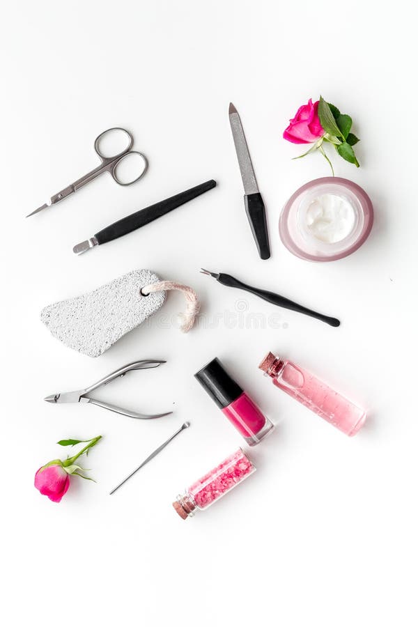 Manicure Tools Set for Nail Care on White Background Top View Mock Up ...