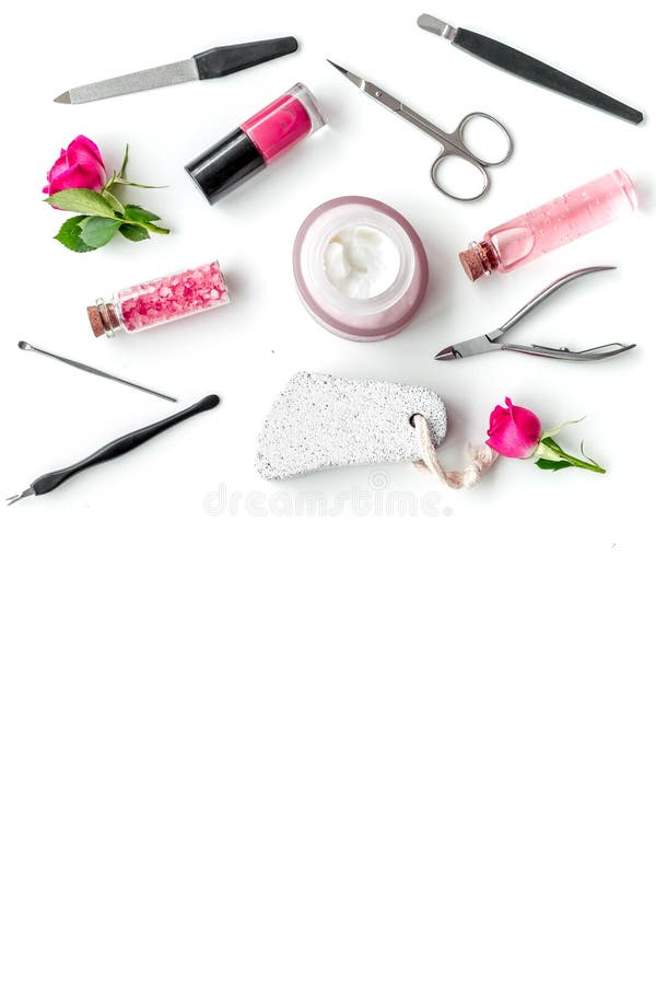 Manicure Tools Set for Nail Care on White Background Top View Mock Up ...