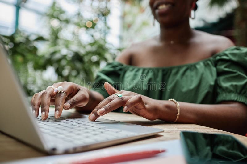Manicured Female Hands on Keywords Stock Photo - Image of device ...