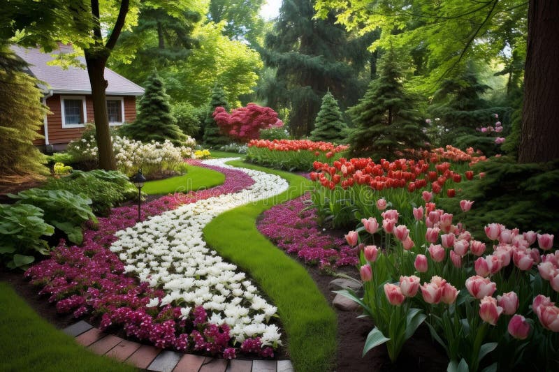 Manicured Flower Beds Paths Backyard. Generate Ai Stock Image - Image ...