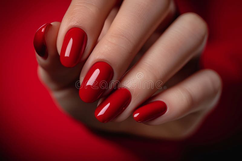 A Manicurist in Red with Hand with Red Nail Polish Stock Photo - Image ...
