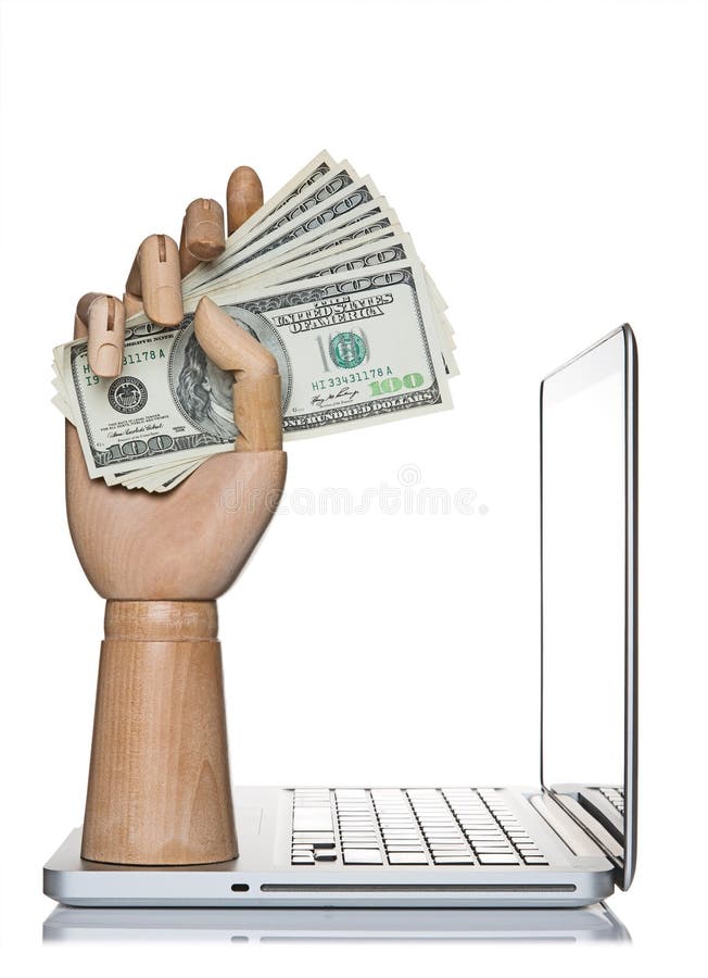 Manikin Hand Holding Money on a Computer Laptop Stock Photo - Image of ...