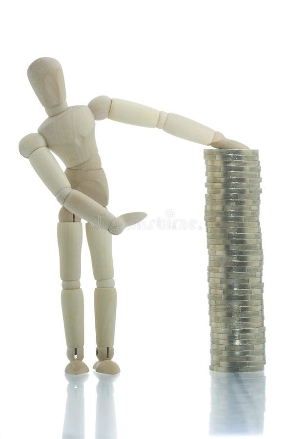 Manikin Pointing To Coins Pile Stock Photo - Image of abstract ...