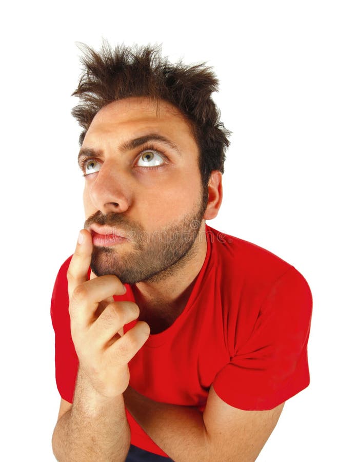 Mann, Der Mit Rotem T-Shirt Denkt Stockfoto - Bild von augen, verrückt ...