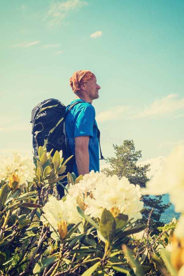 Mann Mit Rucksack, Reisender Steht in Den Bergen Stockbild - Bild von ...