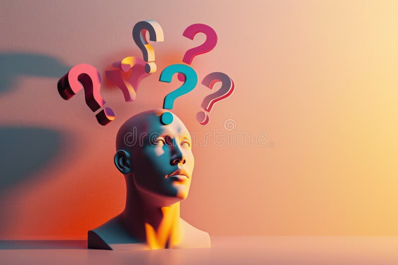 Mannequin Bust with 3D Question Marks Overhead, Symbolizing Thought ...