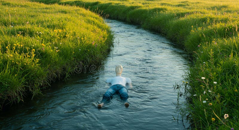 A Mannequin is Floating Face-down in a Serene Stream Surrounded by Lush ...
