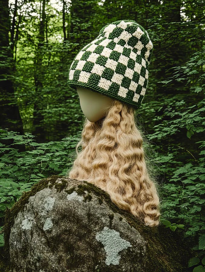 A Mannequin Head Wearing a Green and White Checkered Hat in the Woods ...