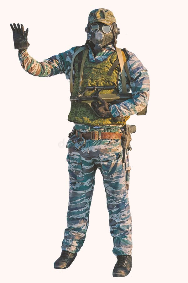 Mannequin in Military Camouflage Uniform and Gas Mask Isolate. Stock ...