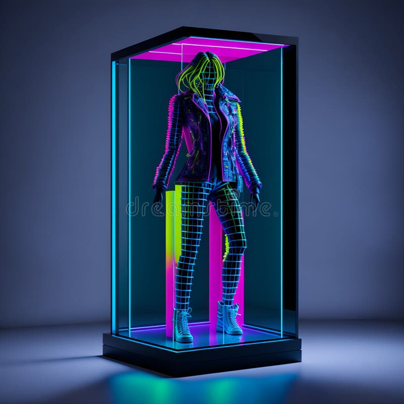 A Mannequin in a Neon Lit Display Case Stock Illustration ...