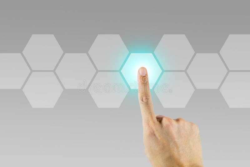 Mano Che Spinge Sul Bottone Esagonale Immagine Stock - Immagine di ...