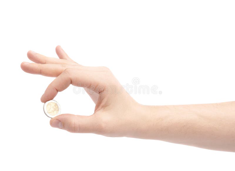 Euro Moneta Della Tenuta Umana Della Mano Isolata Su Bianco Immagine ...