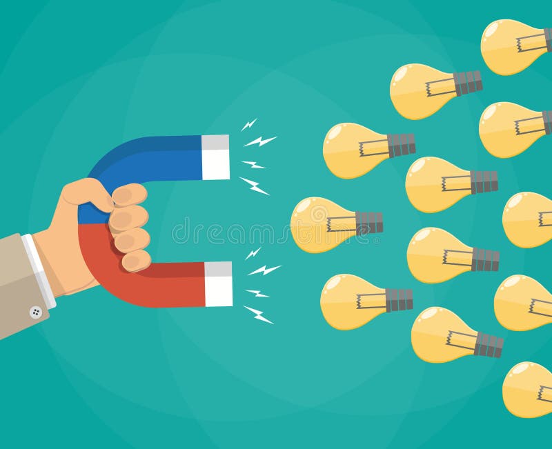 Mano Con El Imán Que Atrae Idea De Las Bombillas Ilustración del Vector ...