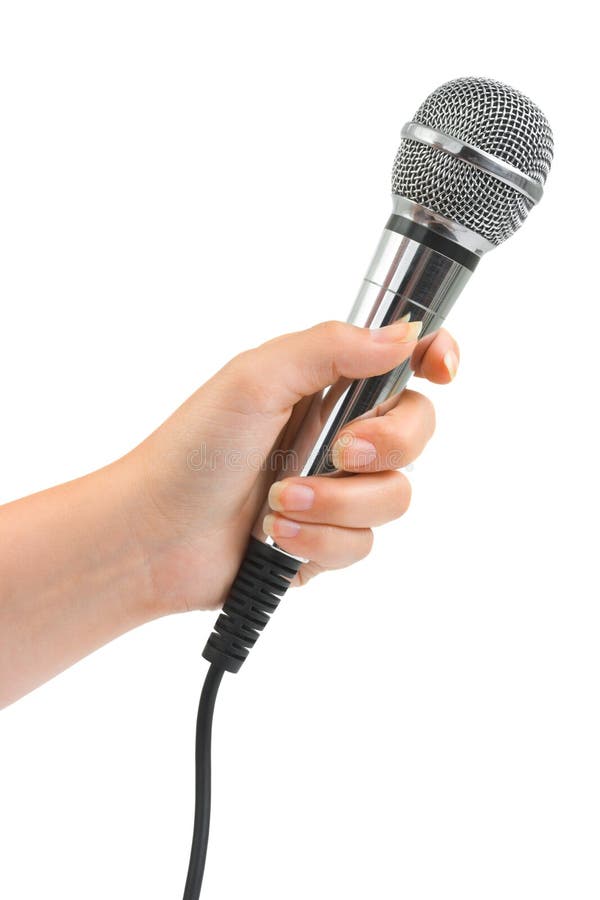Mano Del Hombre Con El Micrófono Aislado En Negro Imagen de archivo ...