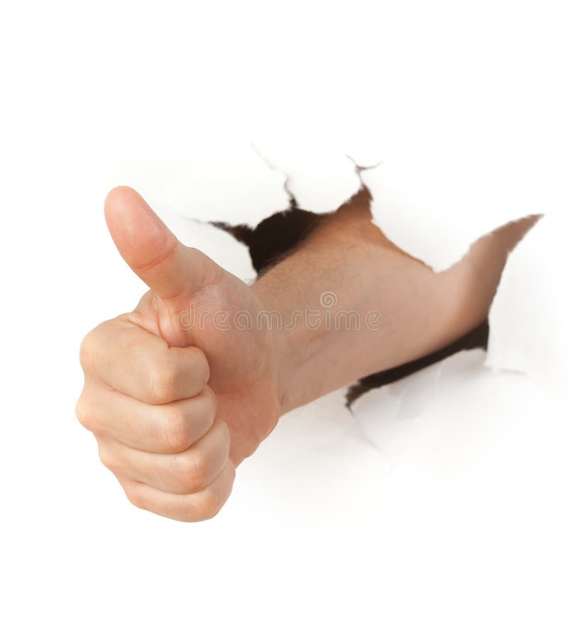 Mano Con Il Pollice in Su Attraverso Un Buco Nella Carta Immagine Stock ...