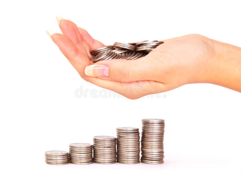 La Mano Ha Messo La Moneta Alla Scala Dei Soldi Fotografia Stock ...