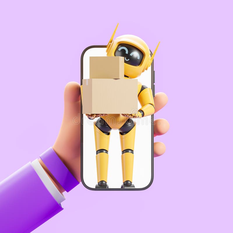 Mano De Hombre Sujetando El Smartphone Con Mensajero Robot De Reparto ... Mano De Hombre Sujetando El Smartphone Con Mensajero Robot De Reparto ...